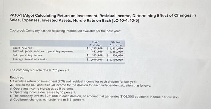 Solved PA10-1 (Algo) Calculating Return on Investment, | Chegg.com