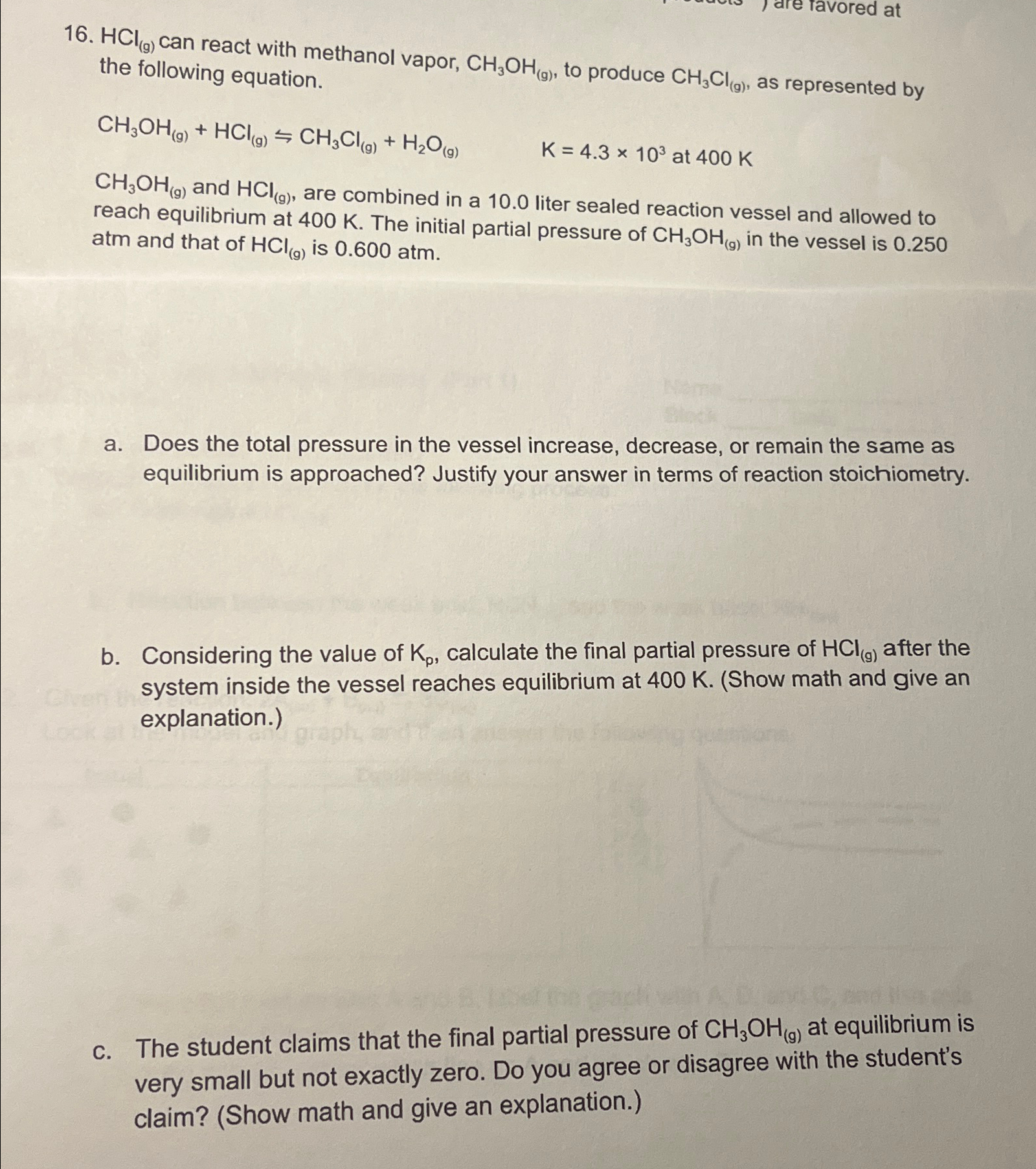 Solved HCl(g) ﻿can react with methanol vapor, CH3OH(g), ﻿to | Chegg.com