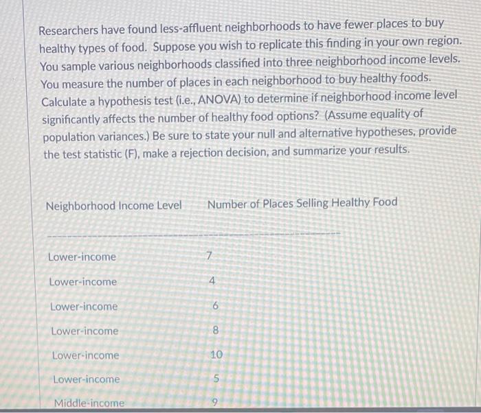 Solved Researchers have found less-affluent neighborhoods to | Chegg.com