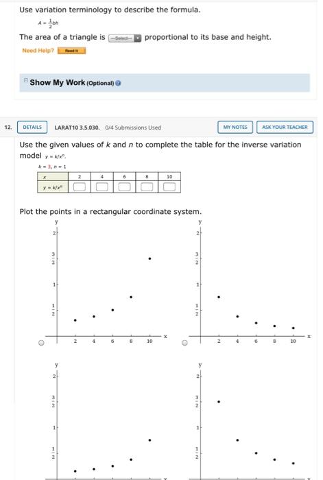 Solved Use the given values of k and n to complete the table | Chegg.com