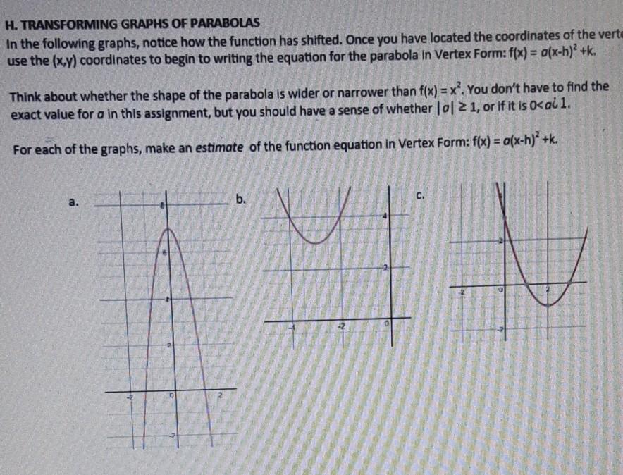 Solved H. TRANSFORMING GRAPHS OF PARABOLAS In the following | Chegg.com