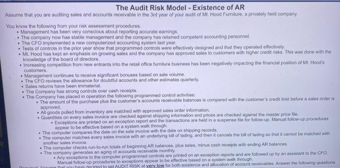 Solved The Audit Risk Model - Existence of AR isume that you | Chegg.com