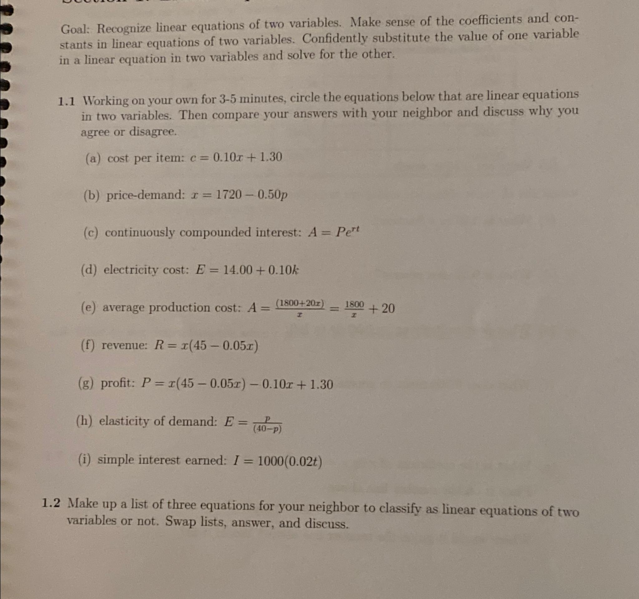 Solved Goal: Recognize linear equations of two variables. | Chegg.com