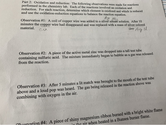 Solved Part 2: Oxidation and reduction: The following | Chegg.com