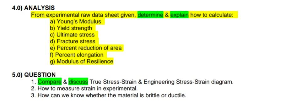 [Solved]: Tensile Test lab report. Please do calculation an