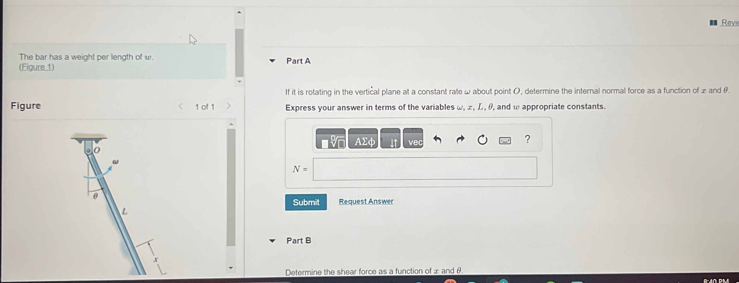 Solved The bar has a weight per length of w.(Figure 1)Part | Chegg.com