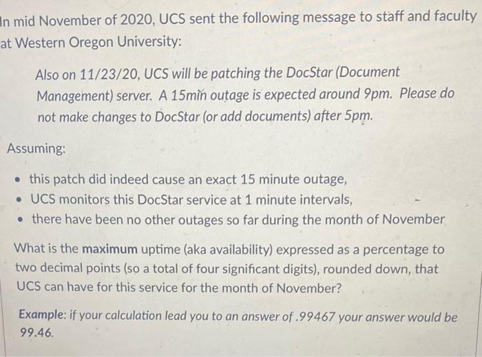 Solved a mid November of 2020 , UCS sent the following | Chegg.com