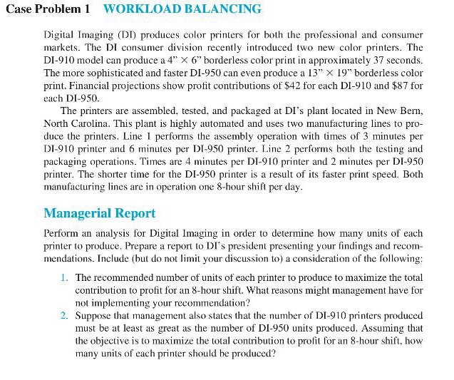 Solved Case Problem 1 WORKLOAD BALANCING Digital Imaging | Chegg.com