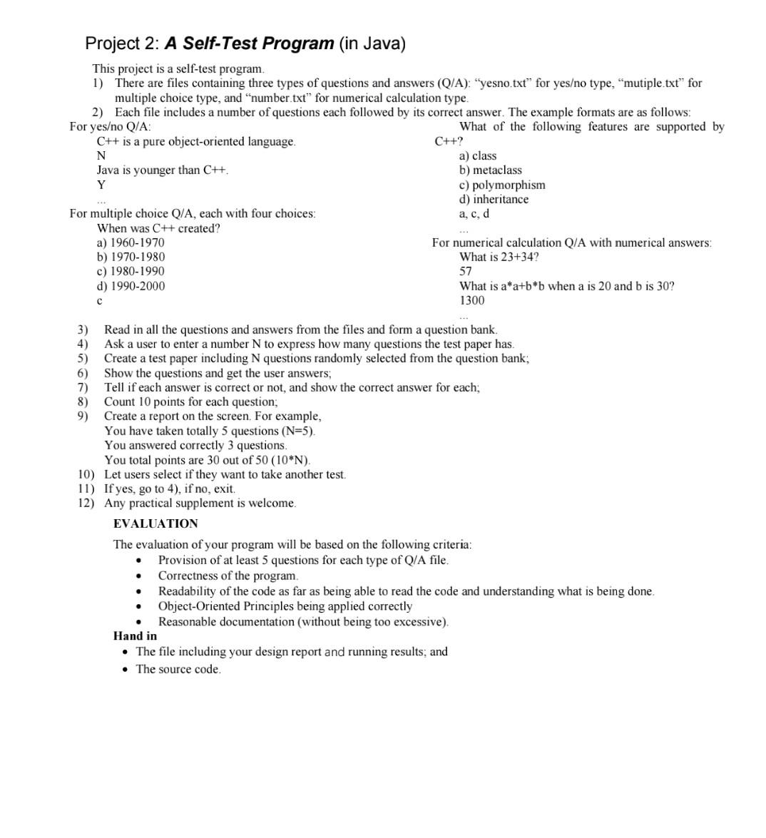 Solved Project 2: A Self-Test Program (in Java) This project | Chegg.com