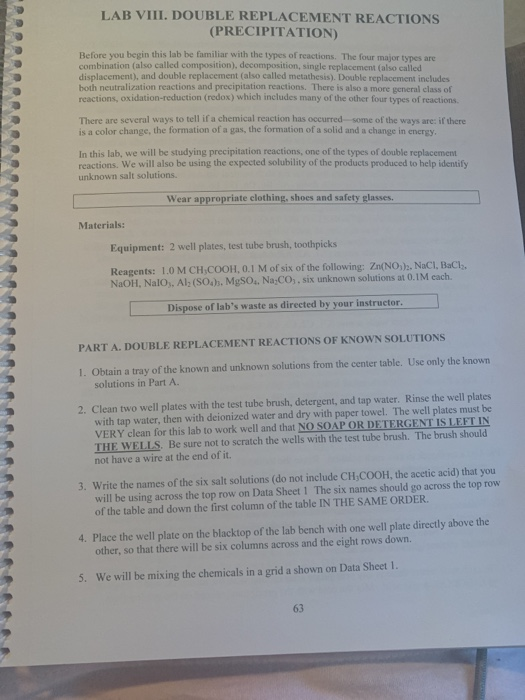 LAB VIII. DOUBLE REPLACEMENT REACTIONS | Chegg.com
