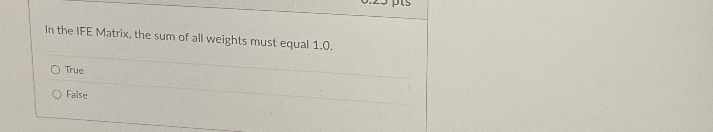Solved In the IFE Matrix, the sum of all weights must equal | Chegg.com