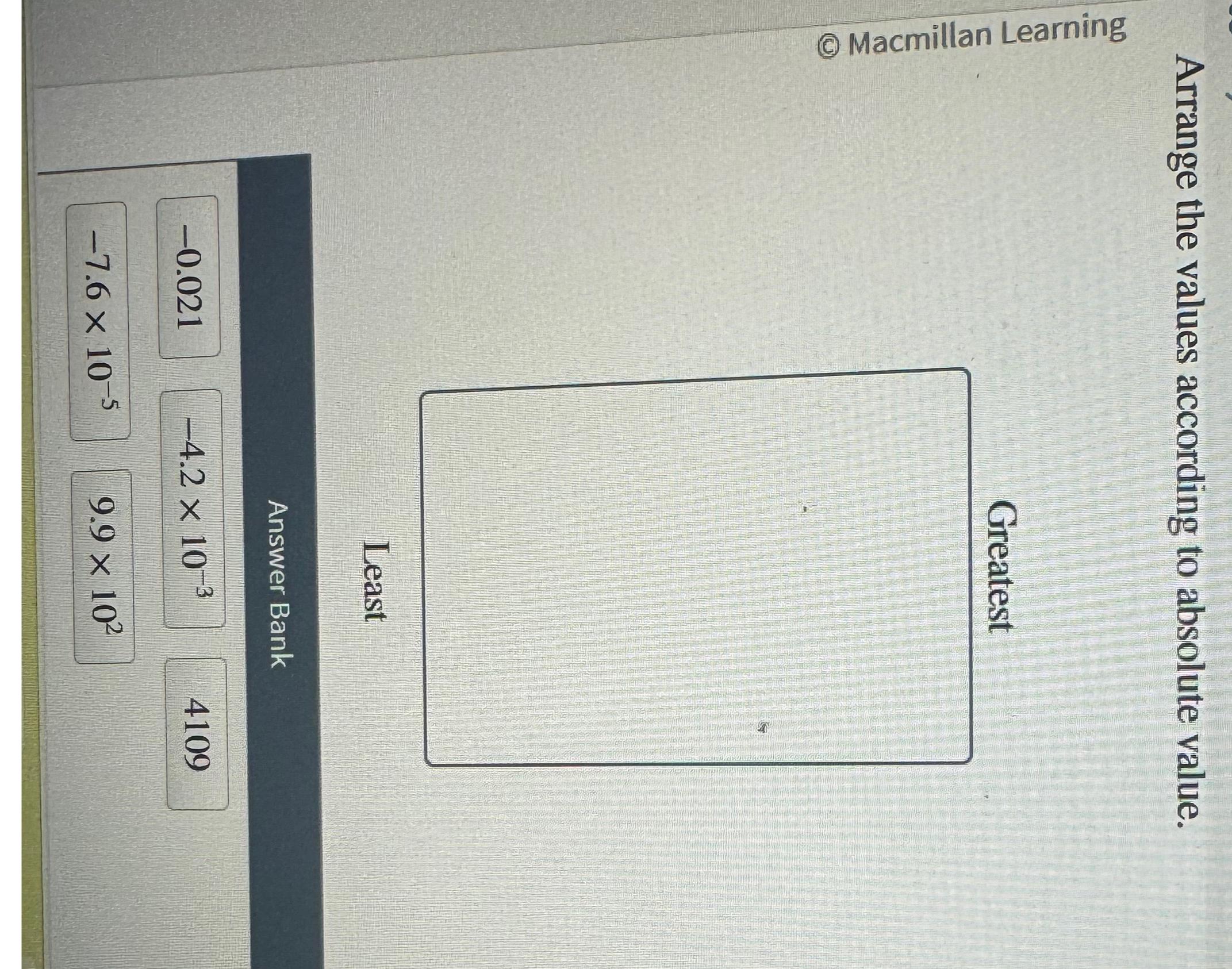 Solved Arrange the values according to absolute value.Least | Chegg.com