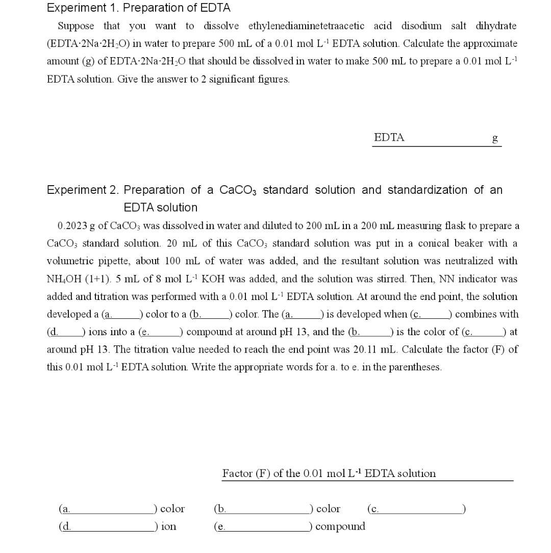 Solved Experiment 1. Preparation of EDTA Suppose that you | Chegg.com
