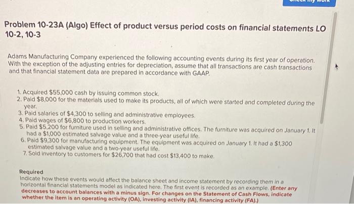 Solved Problem 10-23A (Algo) Effect of product versus period | Chegg.com