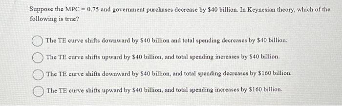 Solved Suppose the MPC =0.75 and government purchases | Chegg.com