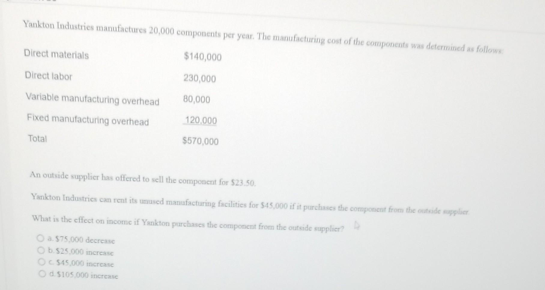 Solved Yankton Industries manufactures 20,000 components per | Chegg.com