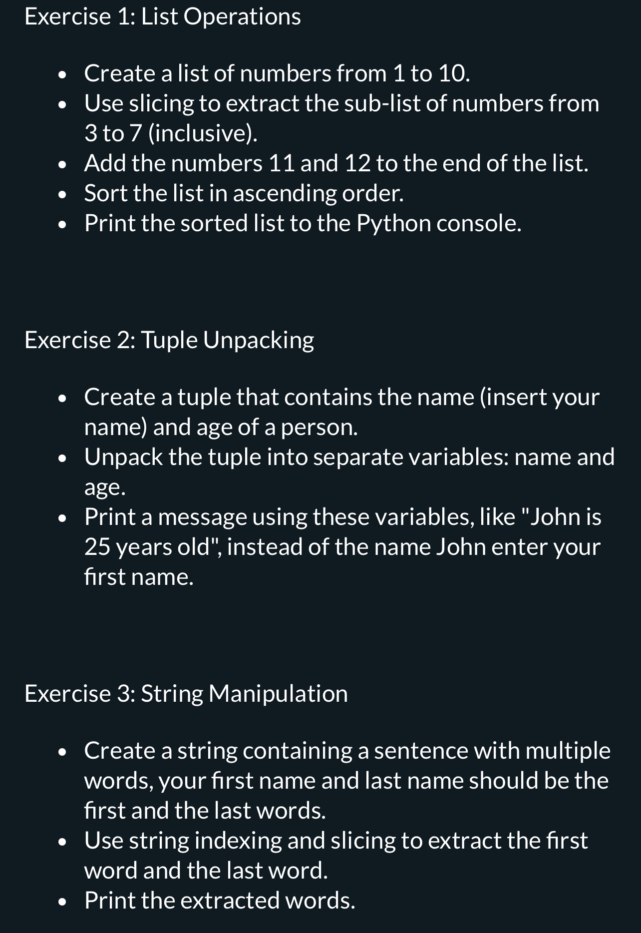 Solved Exercise 1: List OperationsCreate a list of numbers | Chegg.com