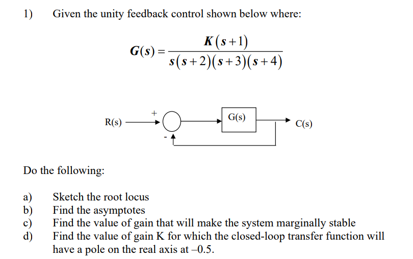 Solved 1) Given the unity feedback control shown below | Chegg.com