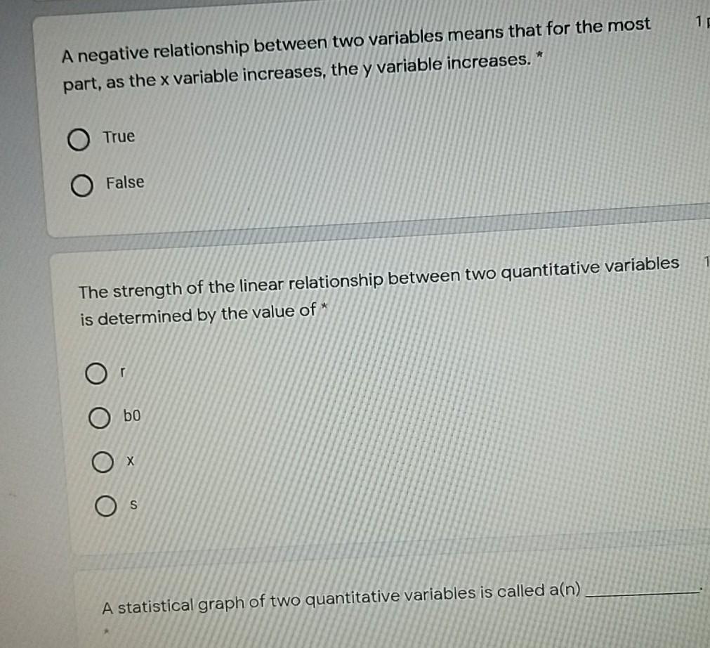 Solved 1 A negative relationship between two variables means | Chegg.com