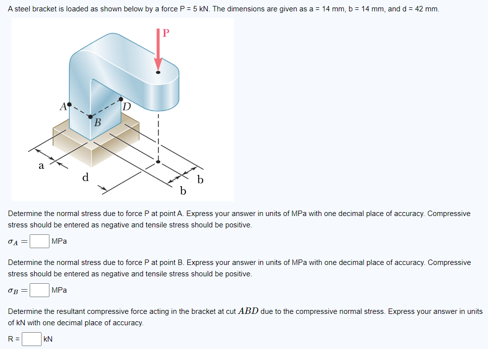 Solved A steel bracket is loaded as shown below by a force | Chegg.com