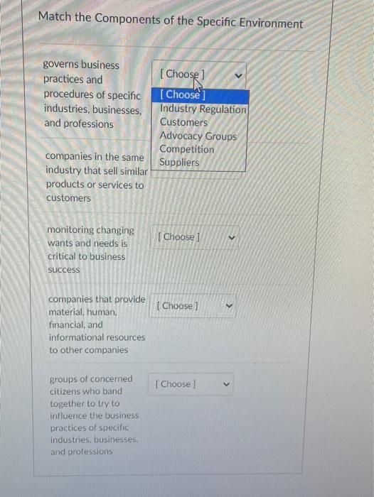 Solved Match the Components of the Specific Environment | Chegg.com