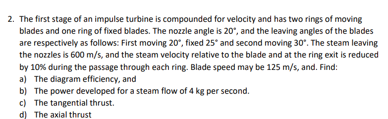 Solved The first stage of an impulse turbine is compounded | Chegg.com