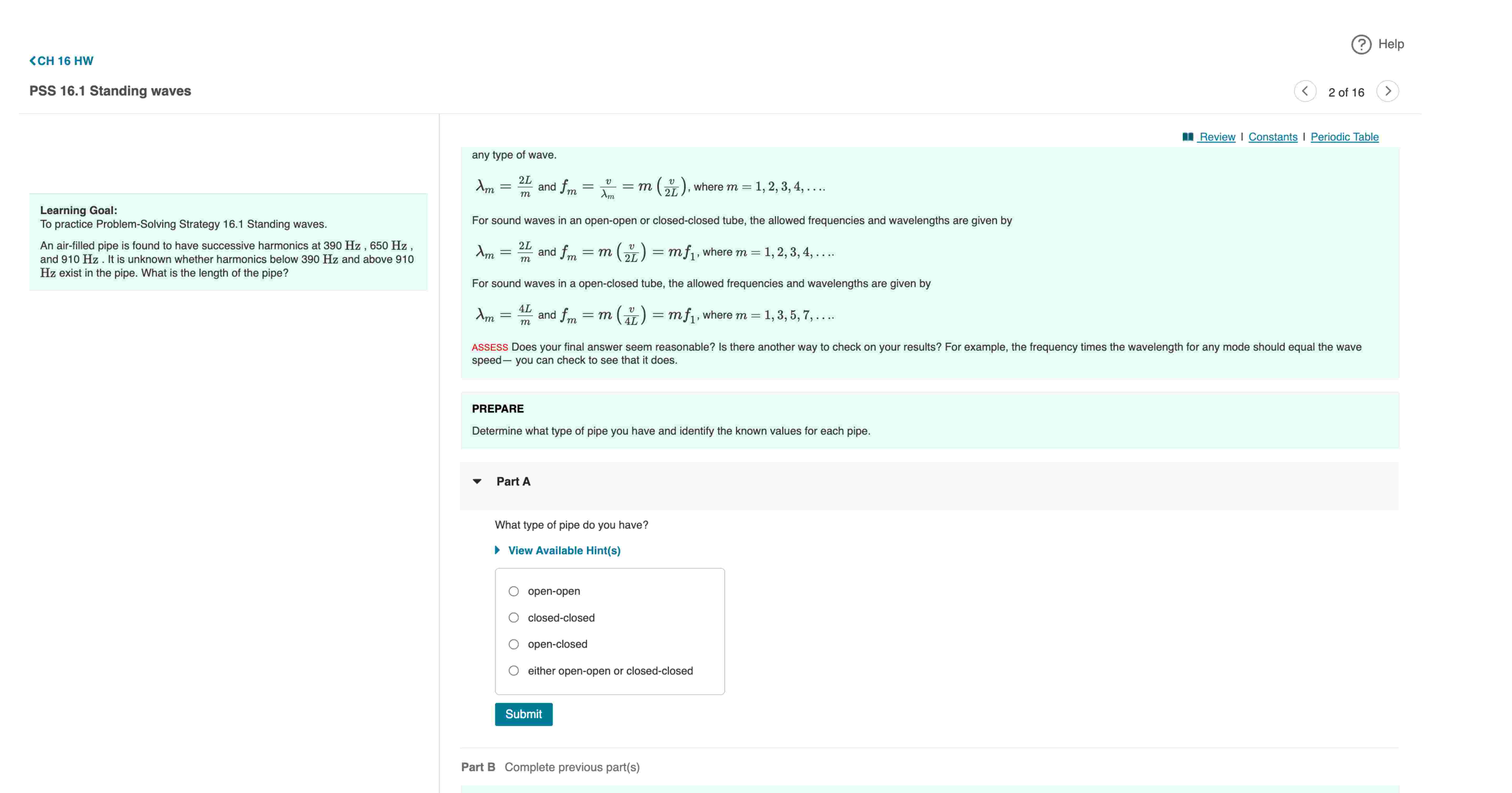 Solved PSS 16.1 ﻿Standing wavesany type of ﻿wave.λm=2Lm ﻿and | Chegg.com
