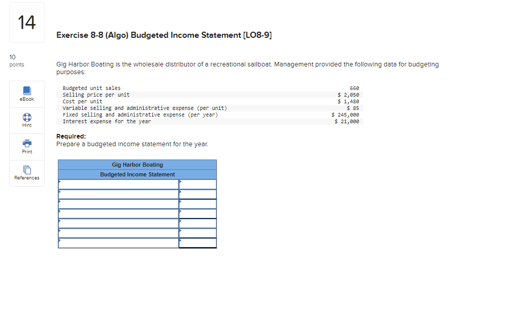 Solved Exercise 8-8 (Algo) Budgeted Income Statement | Chegg.com Solved Exercise 8-8 (Algo) Budgeted Income Statement | Chegg.com