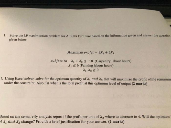 Solved 1 Solve The Lp Maximisation Problem For Al Rabi 2762