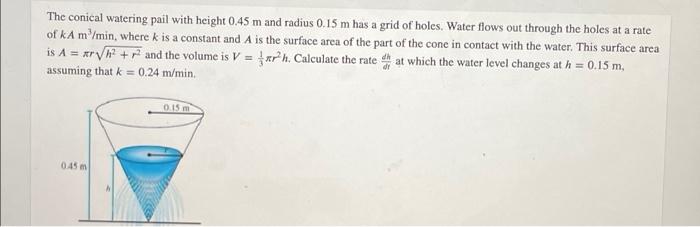 Solved The conical watering pail with height 0.45 m and | Chegg.com