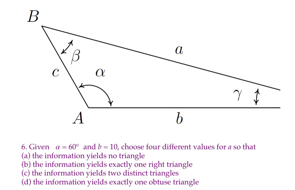 Solved Given α=60° ﻿and b=10, ﻿choose four different values | Chegg.com