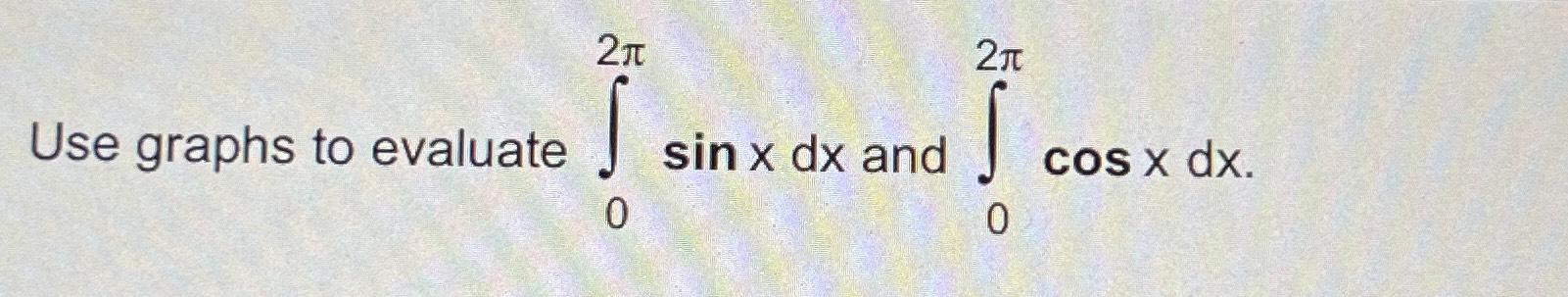 Solved Use graphs to evaluate ∫02πsinx ﻿dx and ∫02πcosx ﻿dx | Chegg.com