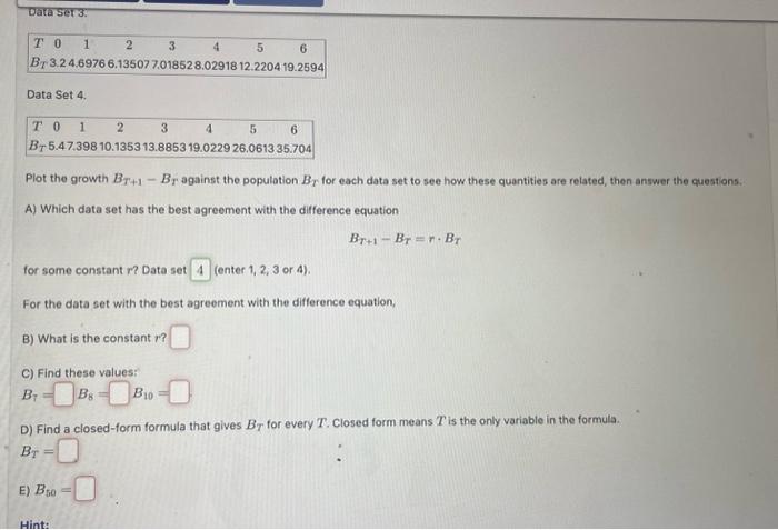 Solved Data Set 4. Plot the growth BT+1−BT against the | Chegg.com