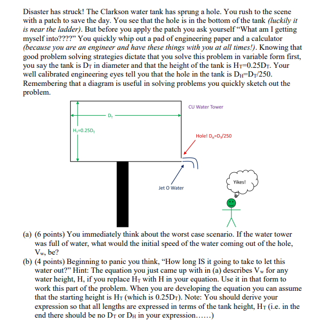 Solved Disaster has struck! The Clarkson water tank has | Chegg.com