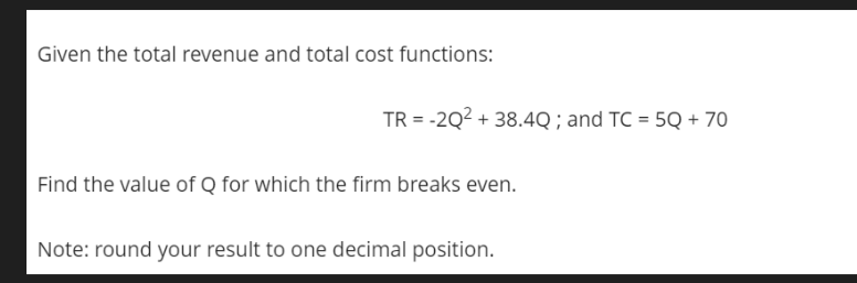 Solved Given the total revenue and total cost functions: | Chegg.com