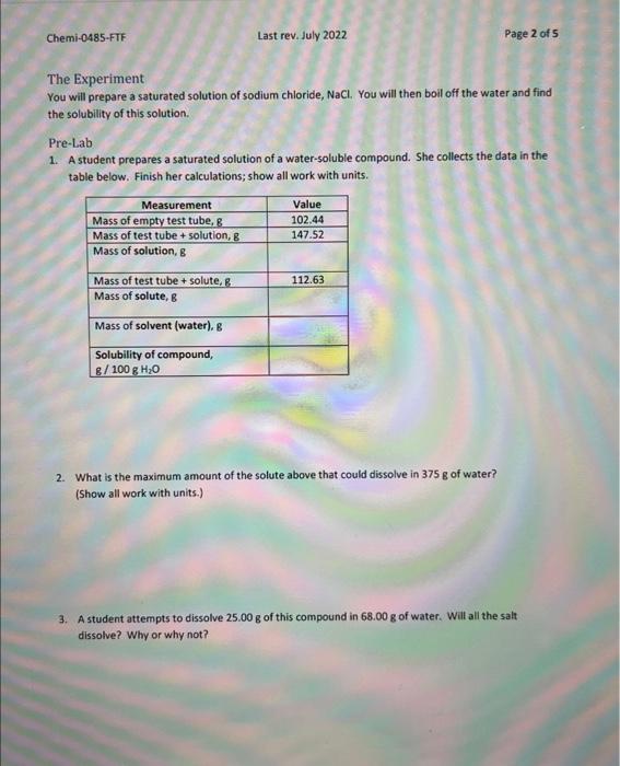 Solved The Experiment You will prepare a saturated solution | Chegg.com