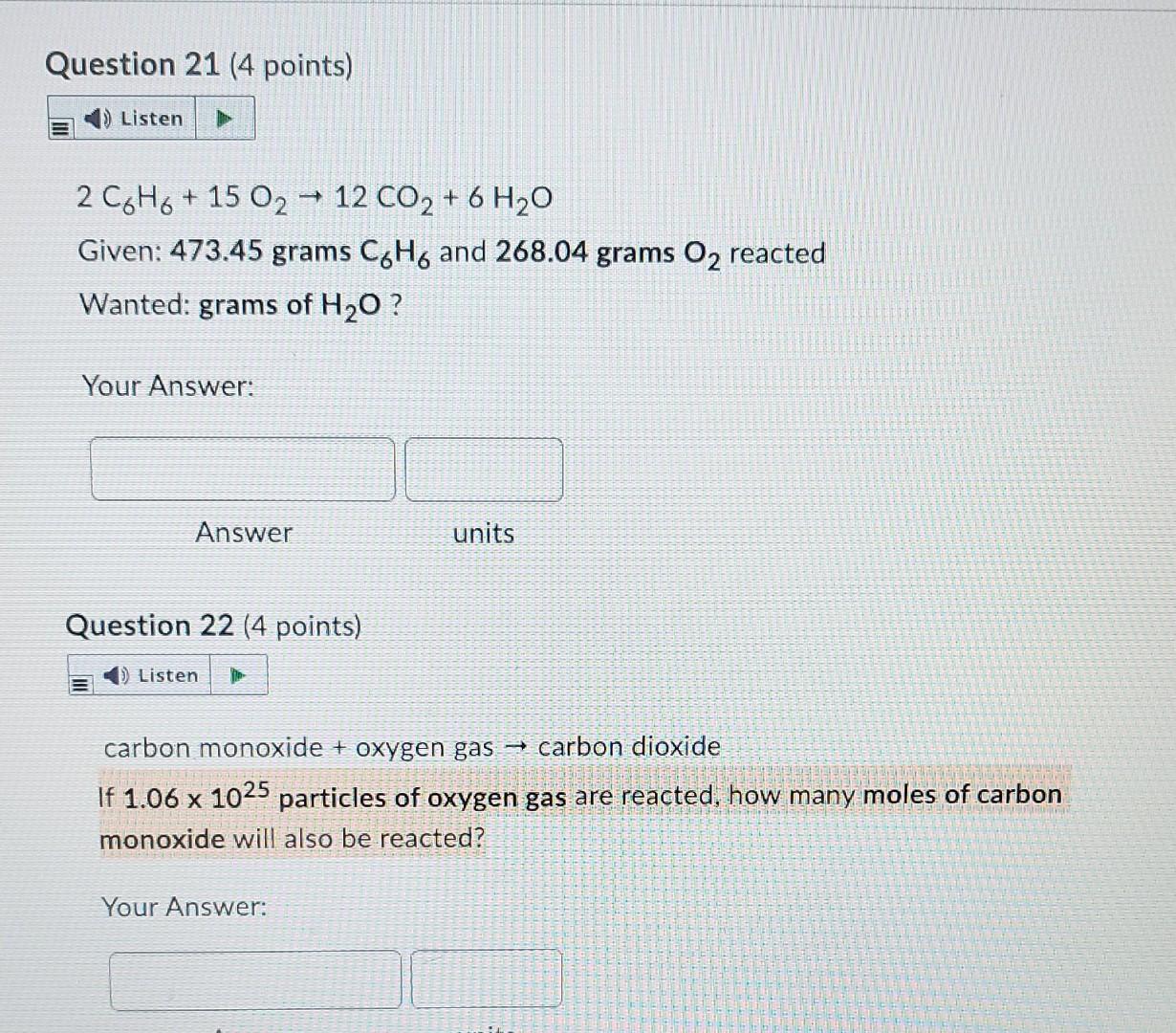 Solved Question 21 (4 points) 4) Listen 2 CoHot 15 O2 → 12 | Chegg.com