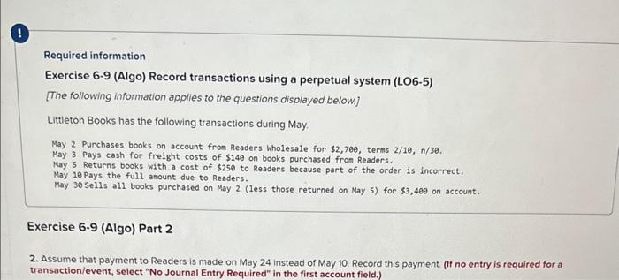 Solved Required information Exercise 6-9 (Algo) Record | Chegg.com
