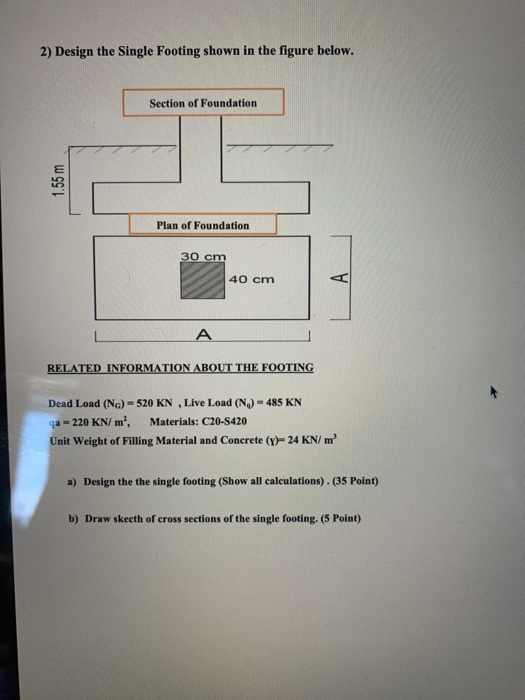 Solved 2) Design the Single Footing shown in the figure | Chegg.com