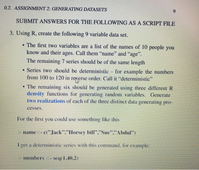 Solved 0.2. ASSIGNMENT 2: GENERATING DATASETS SUBMIT ANSWERS | Chegg.com