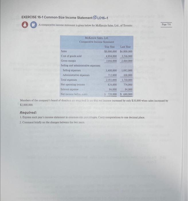 Solved EXERCISE 16-1 Common-Size Income Statement 녀 LO16-1 A | Chegg.com