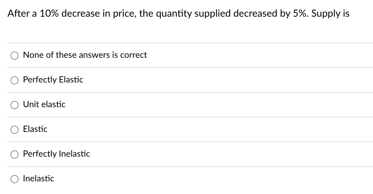 Solved After a 10% ﻿decrease in price, the quantity supplied | Chegg.com