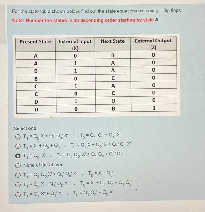 Solved For the state table shown below, find out the state | Chegg.com