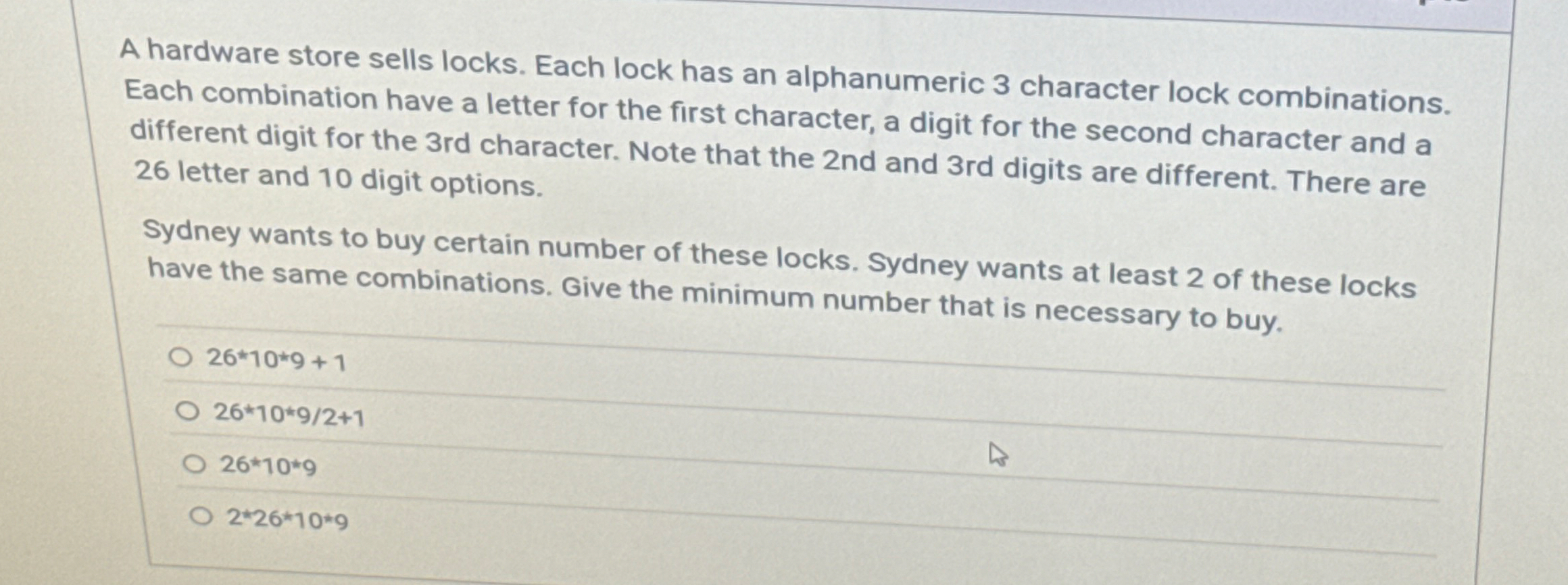 Solved A hardware store sells locks. Each lock has an | Chegg.com