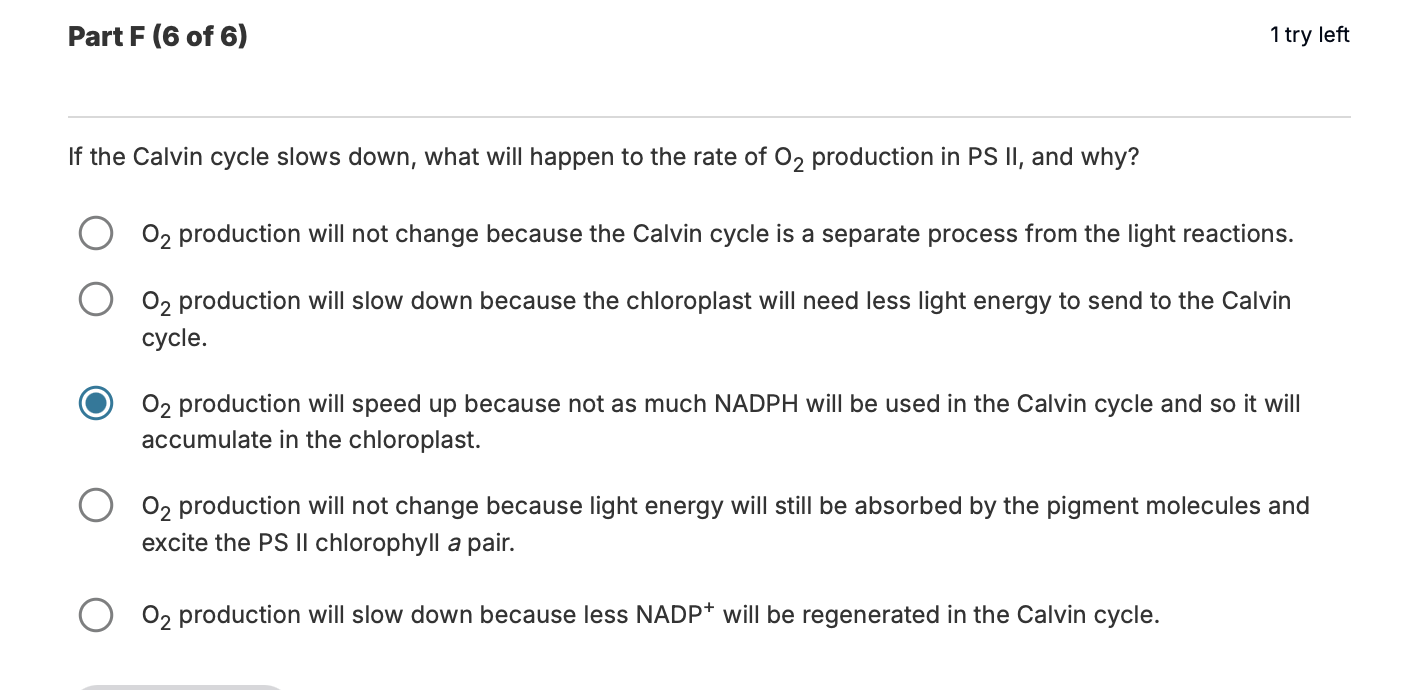 Solved Part F (6 ﻿of 6)If the Calvin cycle slows down, what | Chegg.com