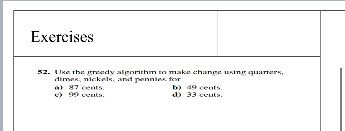 Solved \table[[Exercises]] ﻿\table[[52. ﻿Use the greedy | Chegg.com