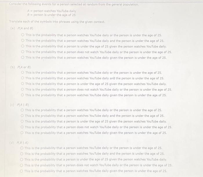 Solved Consider the following events for a person selected | Chegg.com