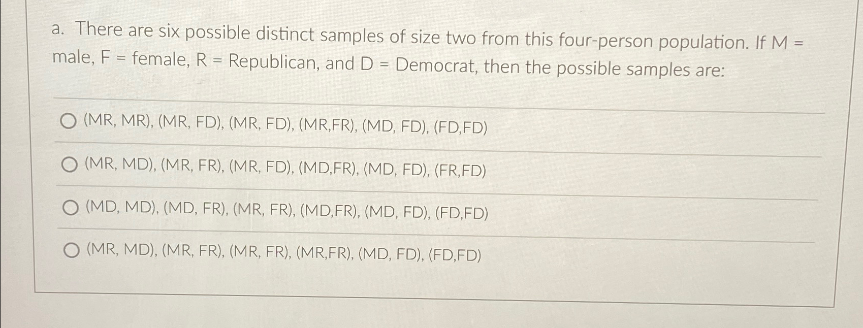Solved a. ﻿There are six possible distinct samples of size | Chegg.com