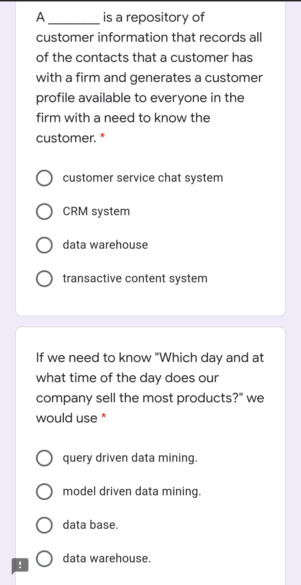 Solved A is a repository of customer information that | Chegg.com