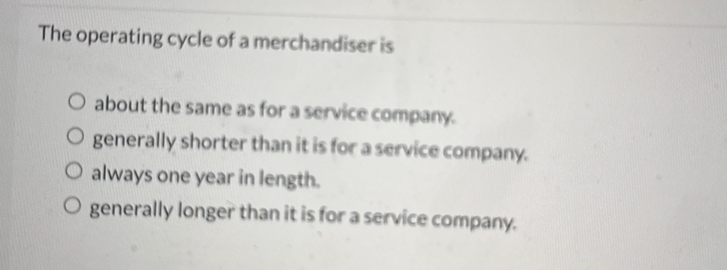 Solved The operating cycle of a merchandiser isabout the | Chegg.com
